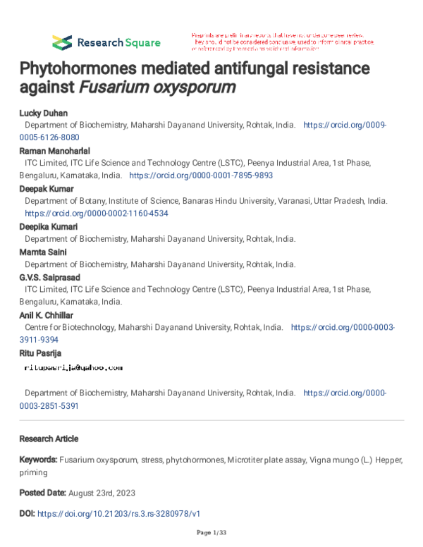 (PDF) Phytohormones mediated antifungal resistance against Fusarium oxysporum | Ritu Pasrija ...