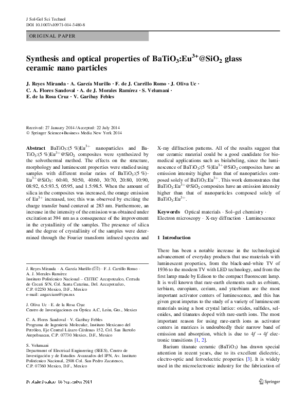 (PDF) Synthesis and optical properties of BaTiO3:Eu3+@SiO2 glass ceramic nano particles | Felipe ...
