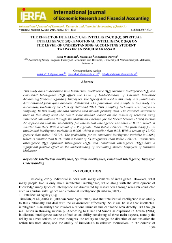 (PDF) The Effect of Intellectual Intelligence (Iq), Spiritual Intelligence (SQ), Emotional ...