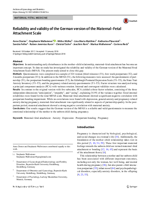 (PDF) Reliability and validity of the German version of the Maternal–Fetal Attachment Scale