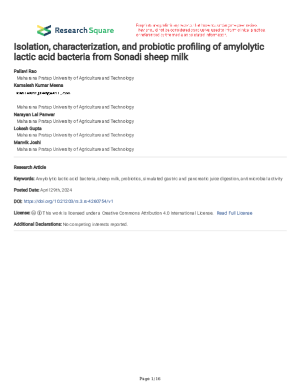 (PDF) Isolation, characterization, and probiotic profiling of amylolytic lactic acid bacteria ...