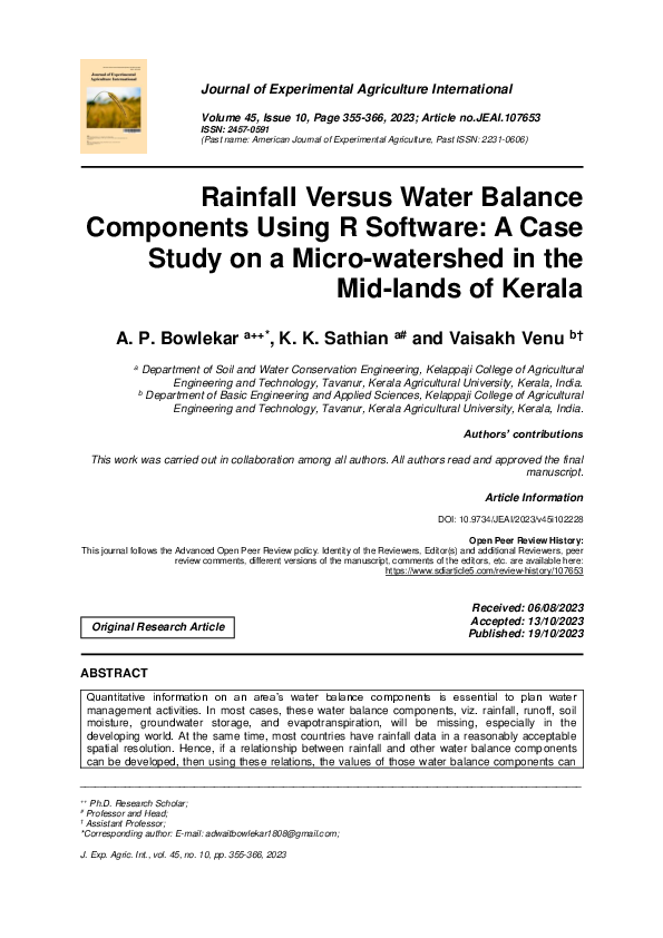 (PDF) Rainfall Versus Water Balance Components Using R Software: A Case Study on a Micro ...