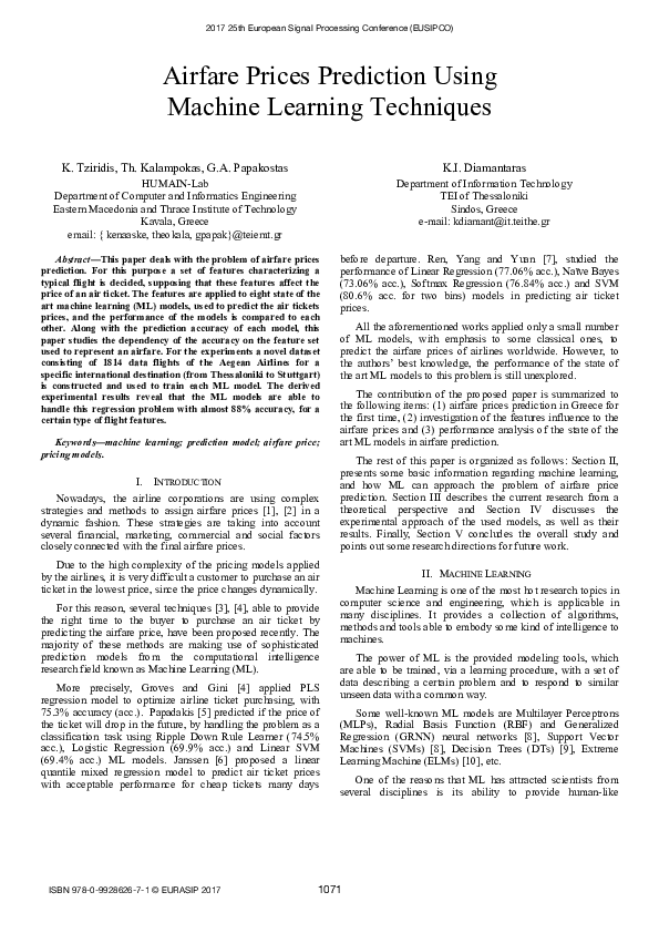 (PDF) Airfare Prices Prediction Using Machine Learning Techniques