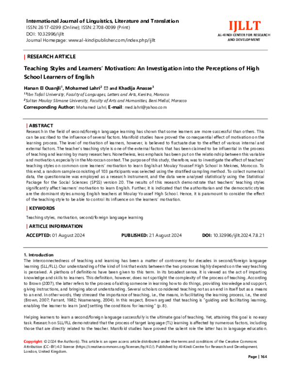 (PDF) Teaching Styles and Learners' Motivation: An Investigation into the Perceptions of High ...