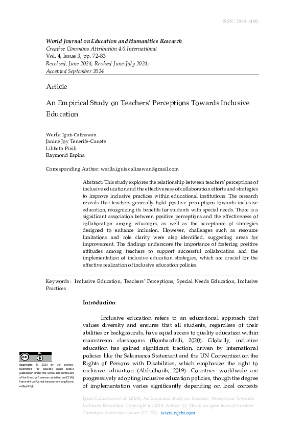 (PDF) An Empirical Study on Teachers' Perceptions Towards Inclusive Education