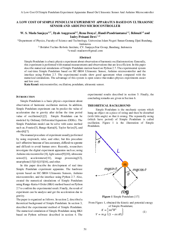 Pdf A Low Cost Of Simple Pendulum Experiment Apparatus Based On Ultrasonic Sensor And Arduino