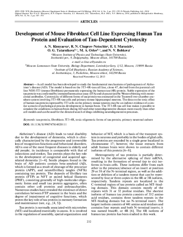 (PDF) Development of mouse fibroblast cell line expressing human tau ...
