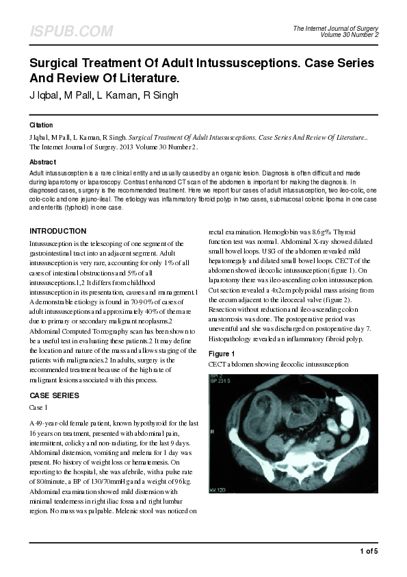 (PDF) Surgical Treatment Of Adult Intussusceptions. Case Series And Review Of Literature