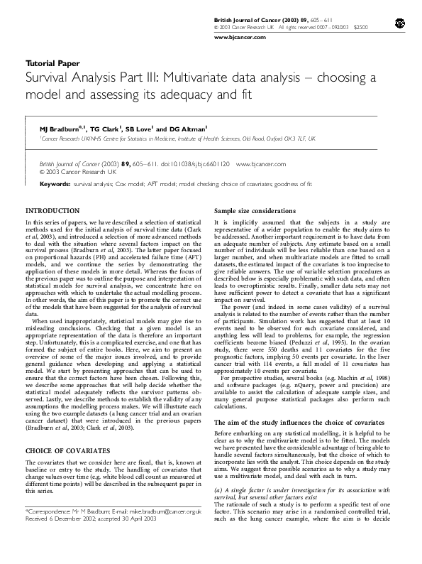 (PDF) Survival analysis Part III: multivariate data analysis -- choosing a model and assessing ...