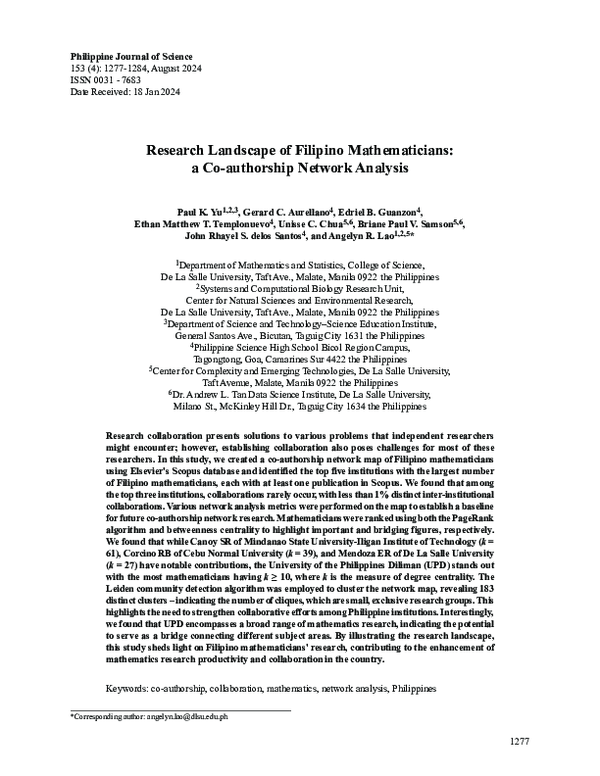 (PDF) Research Landscape of Filipino Mathematicians: a Co-authorship ...
