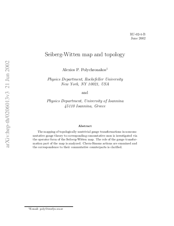 (PDF) The Seiberg–Witten Map and Topology