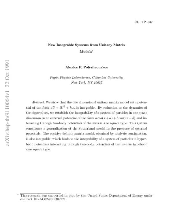(PDF) Integrable Systems from Unitary Matrix Models