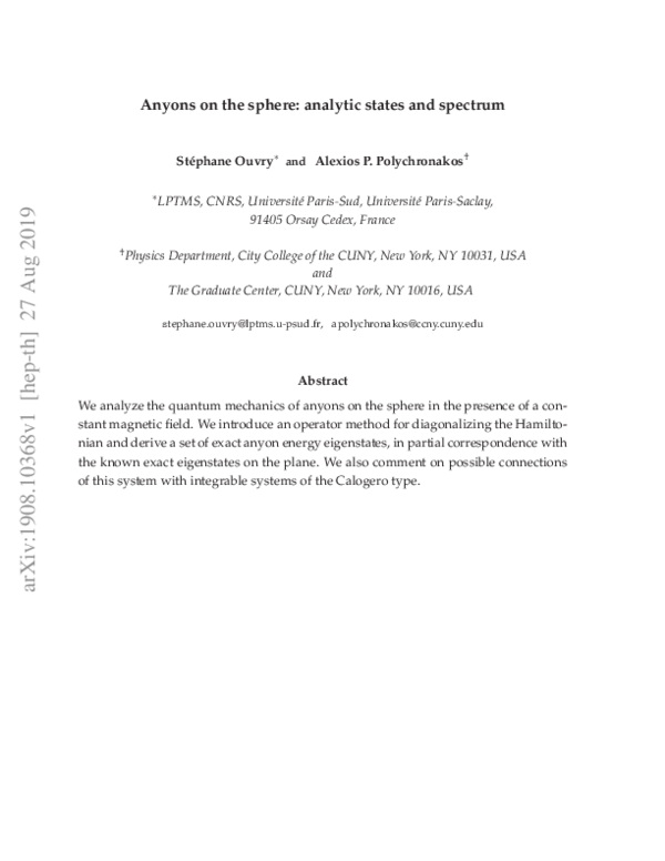 (PDF) Anyons on the sphere: Analytic states and spectrum