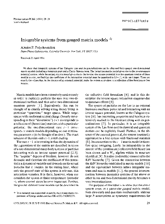(PDF) Integrable systems from gauged matrix models