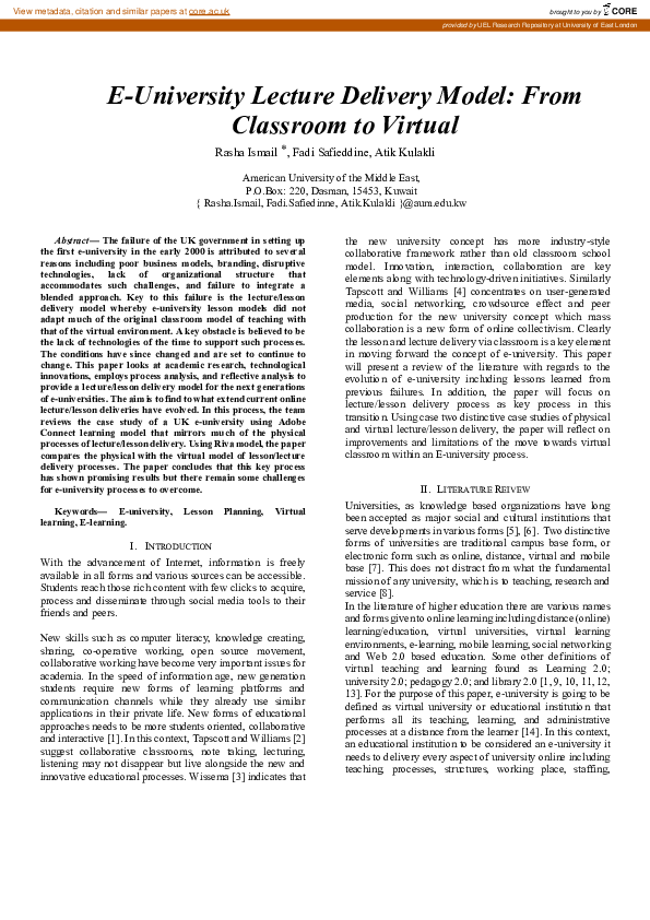 (PDF) E-university lecture delivery model: From classroom to virtual