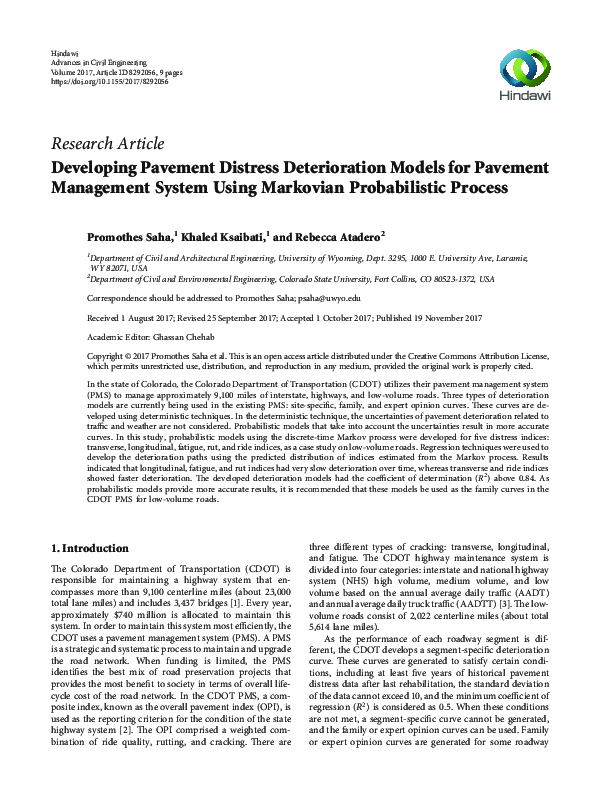 (PDF) Developing Pavement Distress Deterioration Models for Pavement Management System Using ...