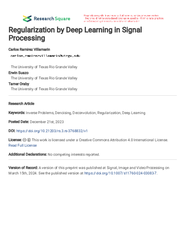 (PDF) Regularization by Deep Learning in Signal Processing