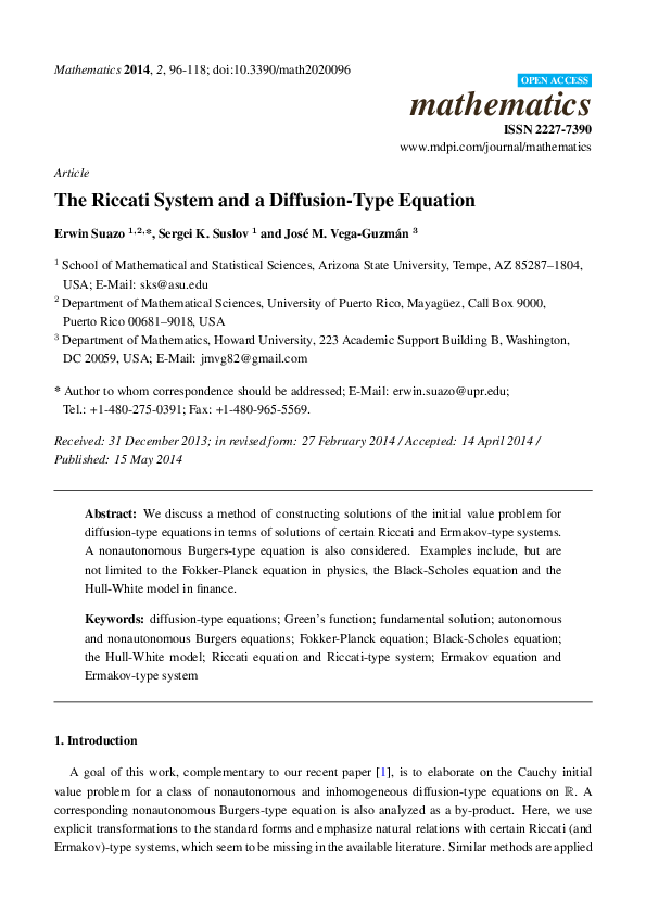 (PDF) The Riccati System and a Diffusion-Type Equation