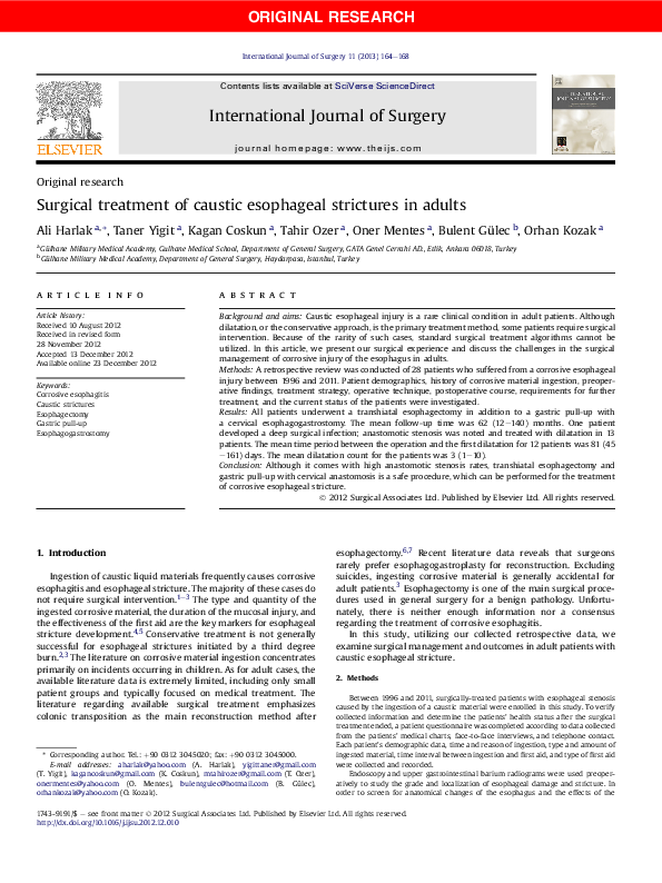 (PDF) Surgical treatment of caustic esophageal strictures in adults