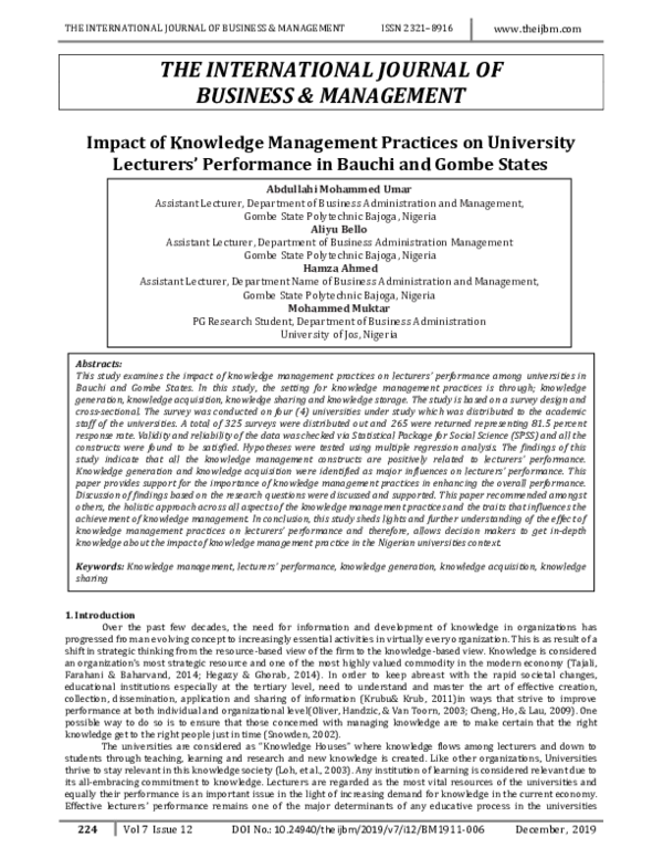 (PDF) Impact of Knowledge Management Practices on University Lecturers’ Performance in Bauchi ...