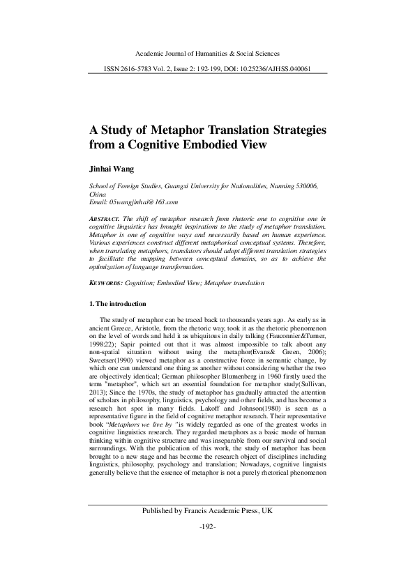 (PDF) A Cognitive View of Translation Constraints in Metaphor