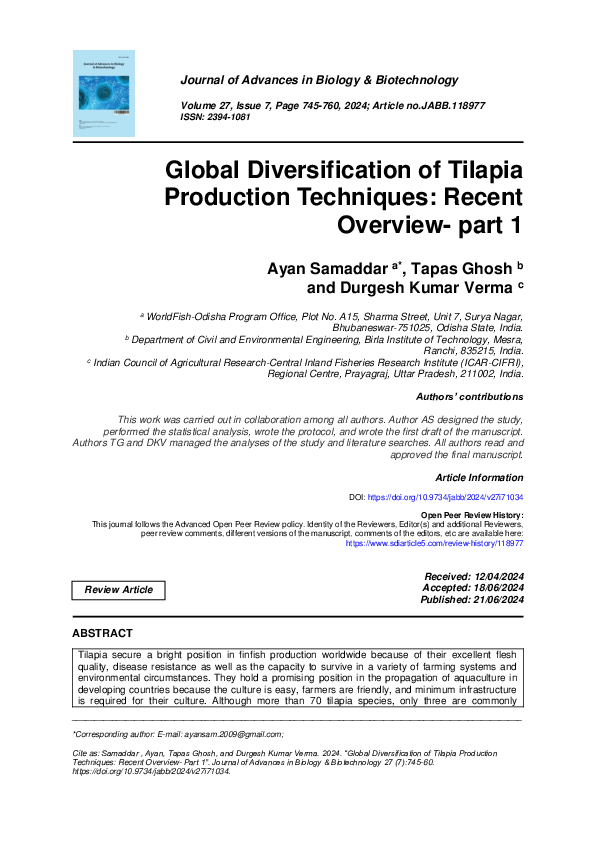 (PDF) Global Diversification of Tilapia Production Techniques: Recent Overview- part 1