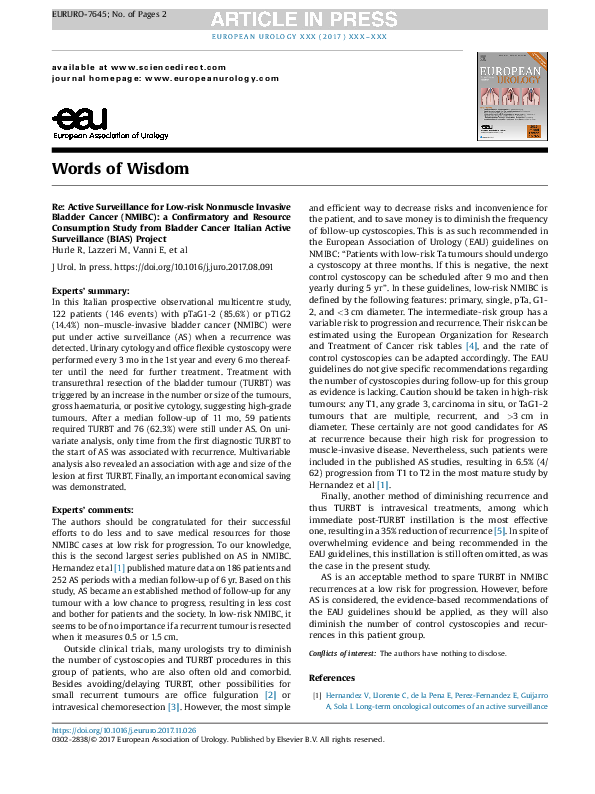 (PDF) Re: Active Surveillance for Low-risk Nonmuscle Invasive Bladder ...