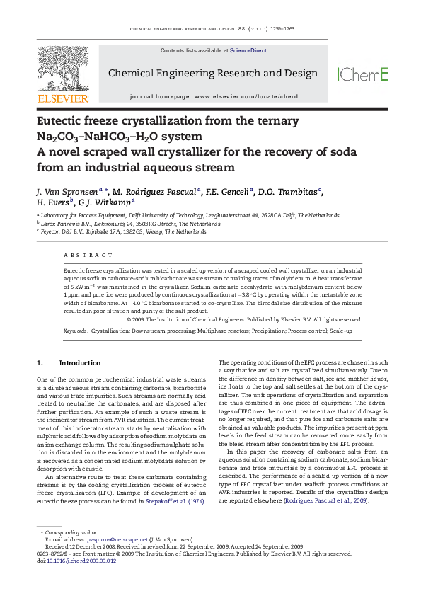 (PDF) Eutectic freeze crystallization from the ternary Na2CO3–NaHCO3–H2O system