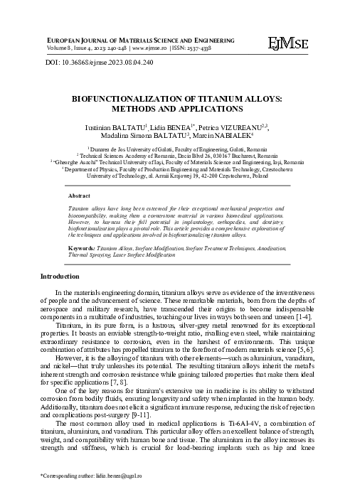 (PDF) Biofunctionalization of Titanium Alloys: Methods and Applications