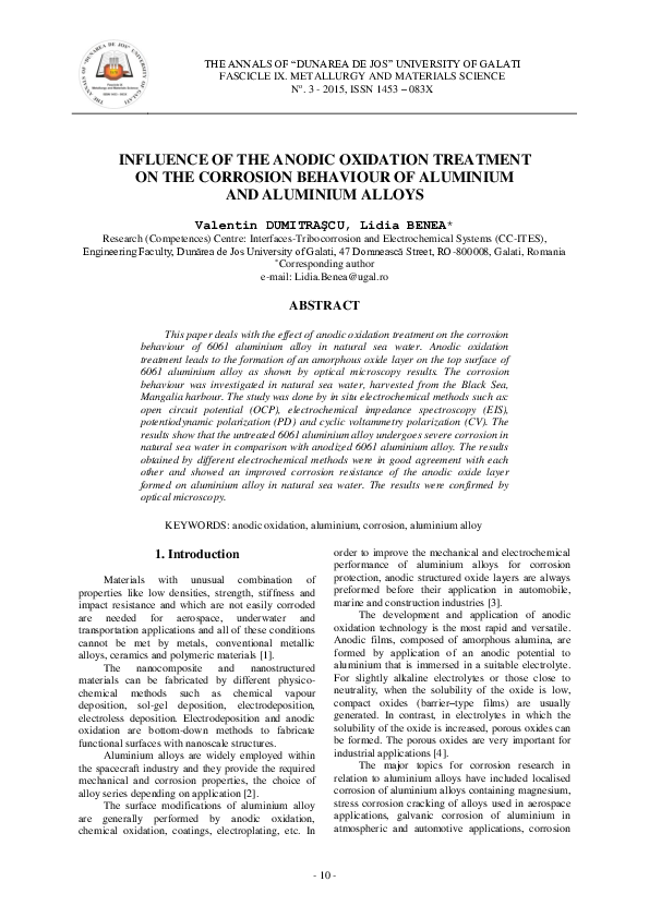 (PDF) Influence of the Anodic Oxidation Treatment on the Corrosion ...
