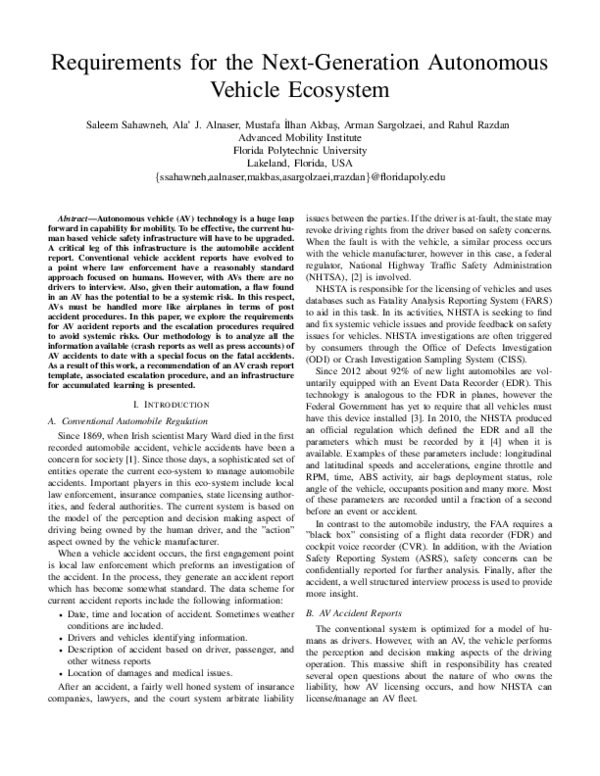 (PDF) Requirements for the Next-Generation Autonomous Vehicle Ecosystem ... (PDF) Requirements for the Next-Generation Autonomous Vehicle Ecosystem ...