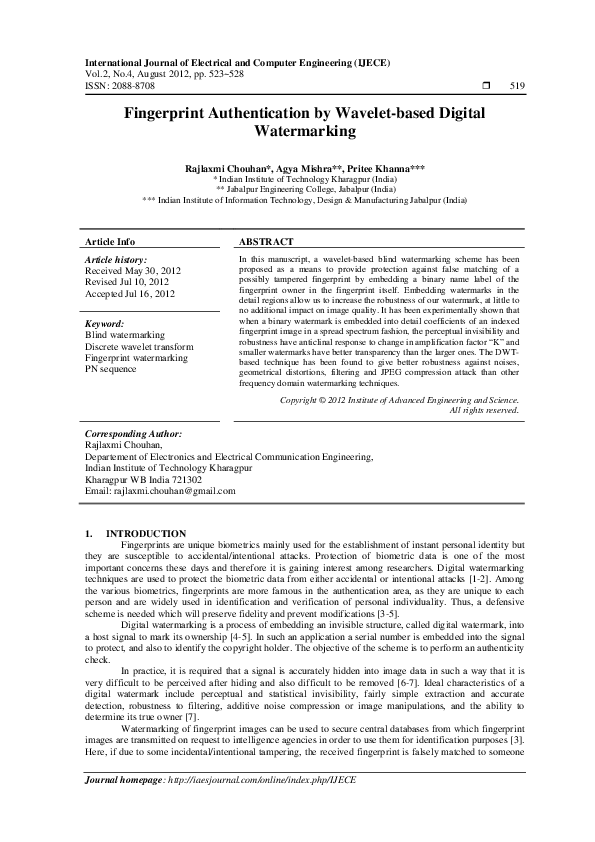 (PDF) Fingerprint Authentication by Wavelet-based Digital Watermarking