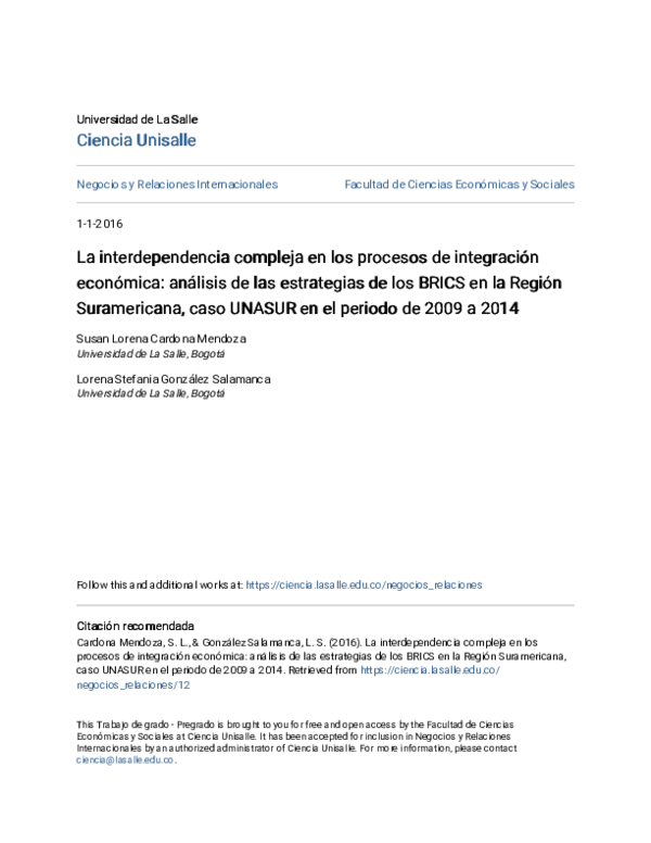 (PDF) La interdependencia compleja en los procesos de integración ...