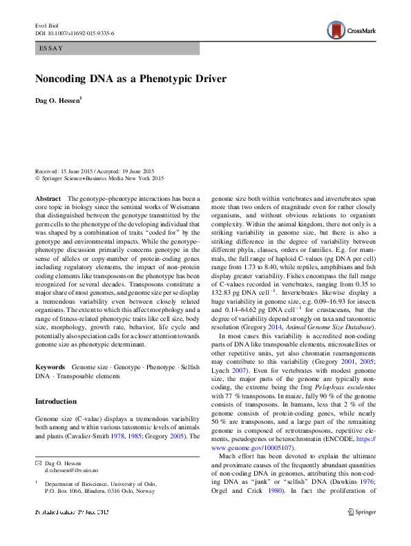 (PDF) Noncoding DNA as a Phenotypic Driver | Dag Hessen - Academia.edu