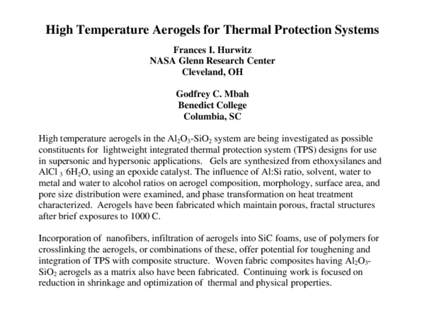 (PDF) High Temperature Aerogels for Thermal Protection Systems