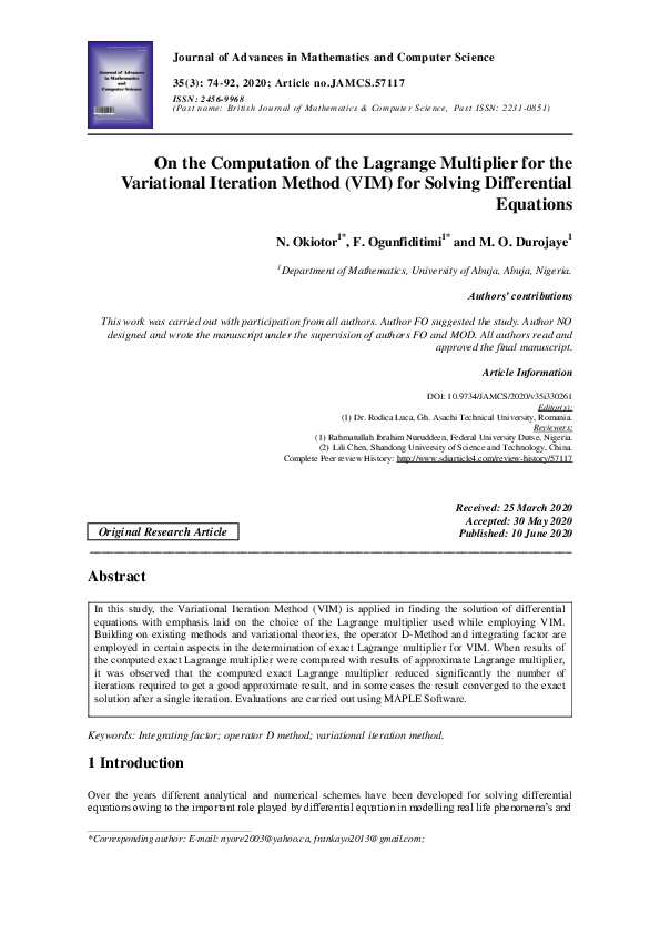 (PDF) On the Computation of the Lagrange Multiplier for the Variational Iteration Method (VIM ...