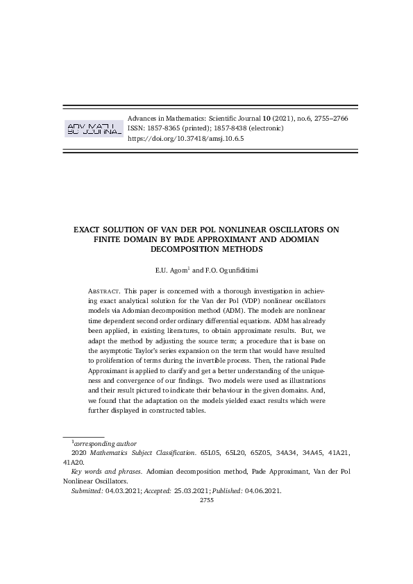 (PDF) Exact Solution of Van Der Pol Nonlinear Oscillators on Finite ...