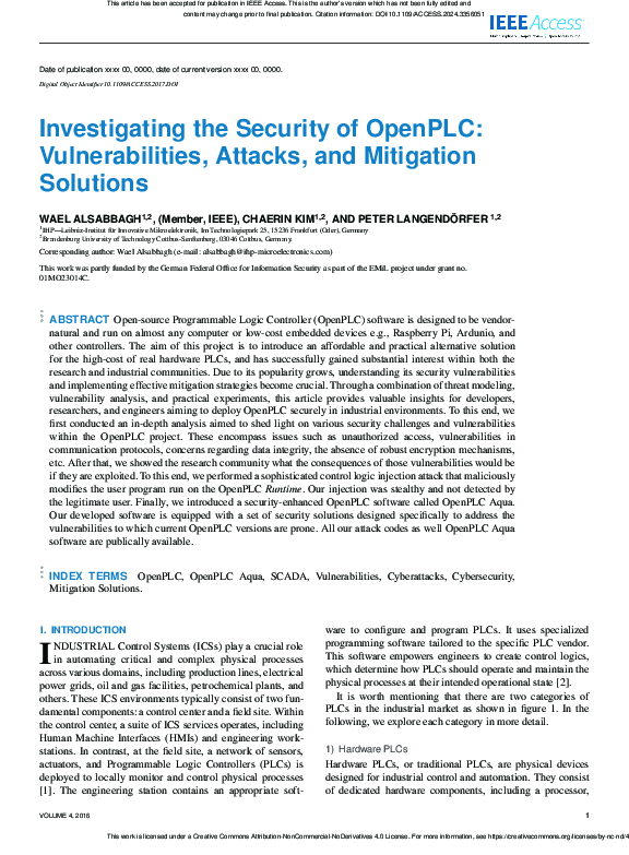 (PDF) Investigating the Security of OpenPLC: Vulnerabilities, Attacks, and Mitigation Solutions