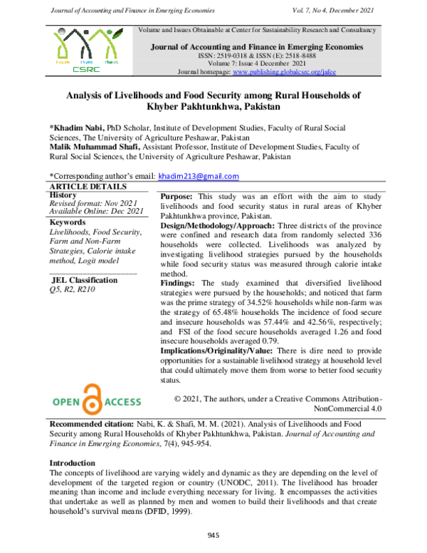 (PDF) Analysis of Livelihoods and Food Security among Rural Households of Khyber Pakhtunkhwa ...
