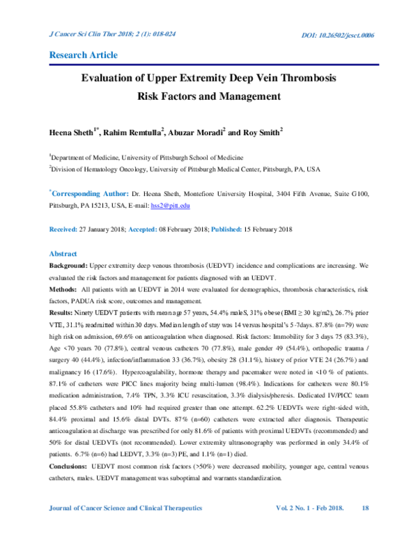 (PDF) Evaluation of Upper Extremity Deep Vein Thrombosis Risk Factors ...