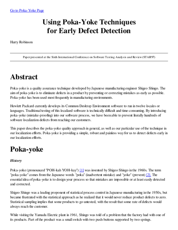 (PDF) Using Poka-Yoke Techniques for Early Defect Detection