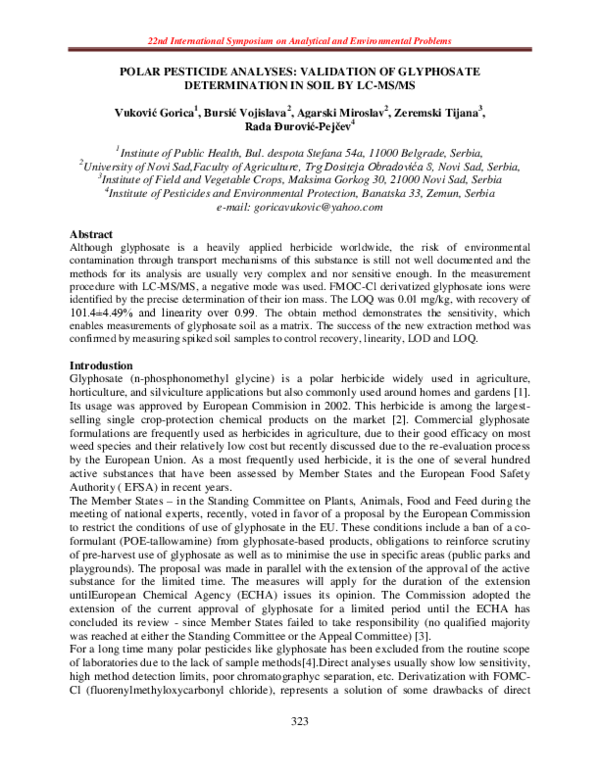 (PDF) Polar pesticide analyses : validation of glyphosate determination in soil by LC-MS/MS