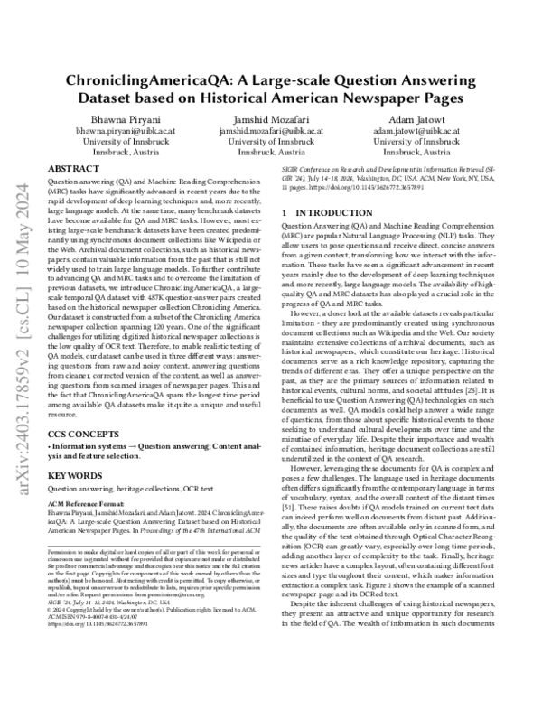 (PDF) ChroniclingAmericaQA: A Large-scale Question Answering Dataset ...