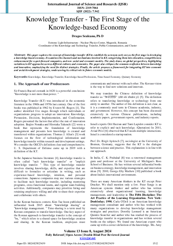 (PDF) Knowledge Transfer - The First Stage of the Knowledge-based Economy