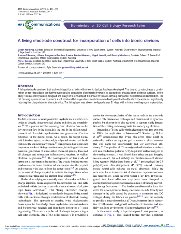 (PDF) A living electrode construct for incorporation of cells into bionic devices