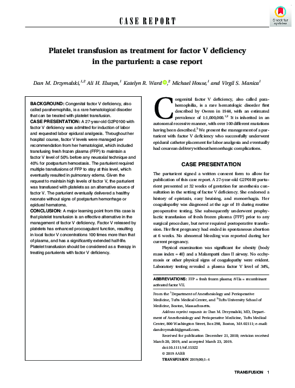 (PDF) Platelet transfusion as treatment for factor V deficiency in the ...