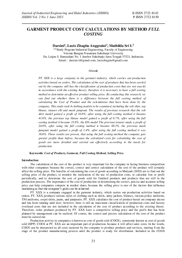 (PDF) Garment Product Cost Calculations by Method Full Costing