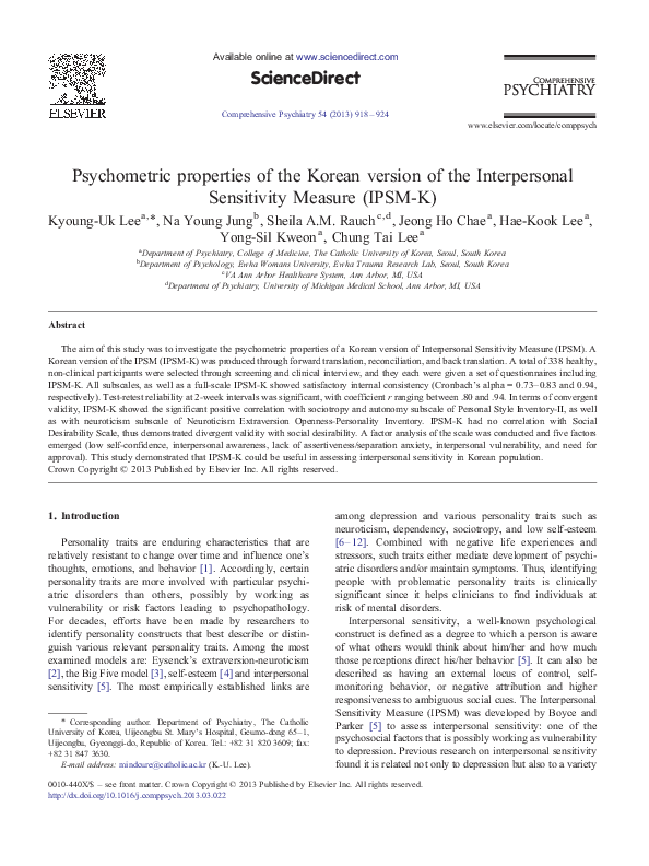 (PDF) Psychometric properties of the Korean version of the ...