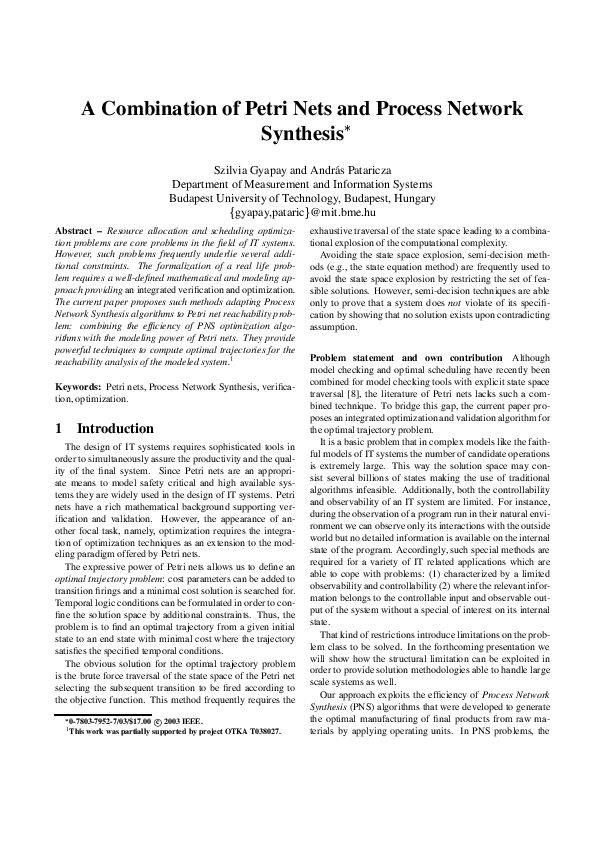 (PDF) A combination of Petri nets and process network synthesis