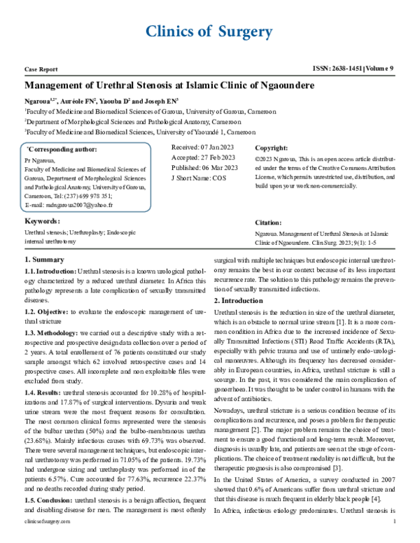 (PDF) Management of Urethral Stenosis at Islamic Clinic of Ngaoundere
